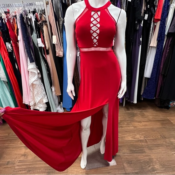 Morgan & Co. | Dresses | Morgan Co Red Halter Floor Length Gown Sm ...